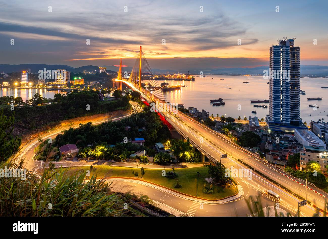 Bai Chay bridge in Ha Long city, Quang Ninh province, Vietnam in sunset ...