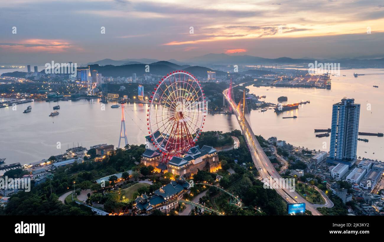 Bai Chay bridge in Ha Long city, Quang Ninh province, Vietnam in sunset ...