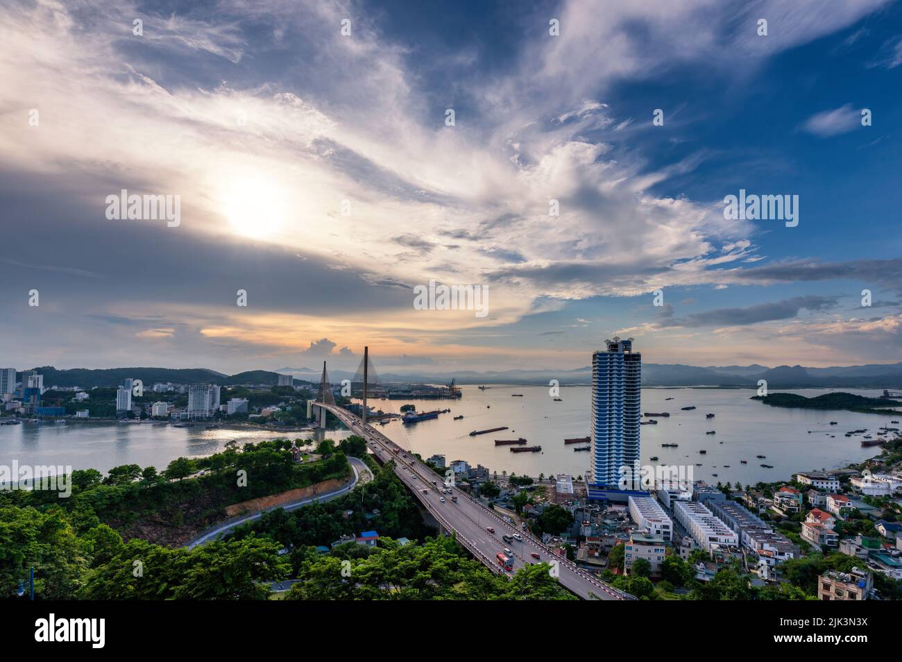Bai Chay bridge in Ha Long city, Quang Ninh province, Vietnam in sunset ...