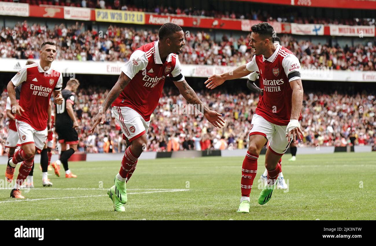 Arsenal's Gabriel Jesus (left) celebrates with Gabriel Martinelli after ...