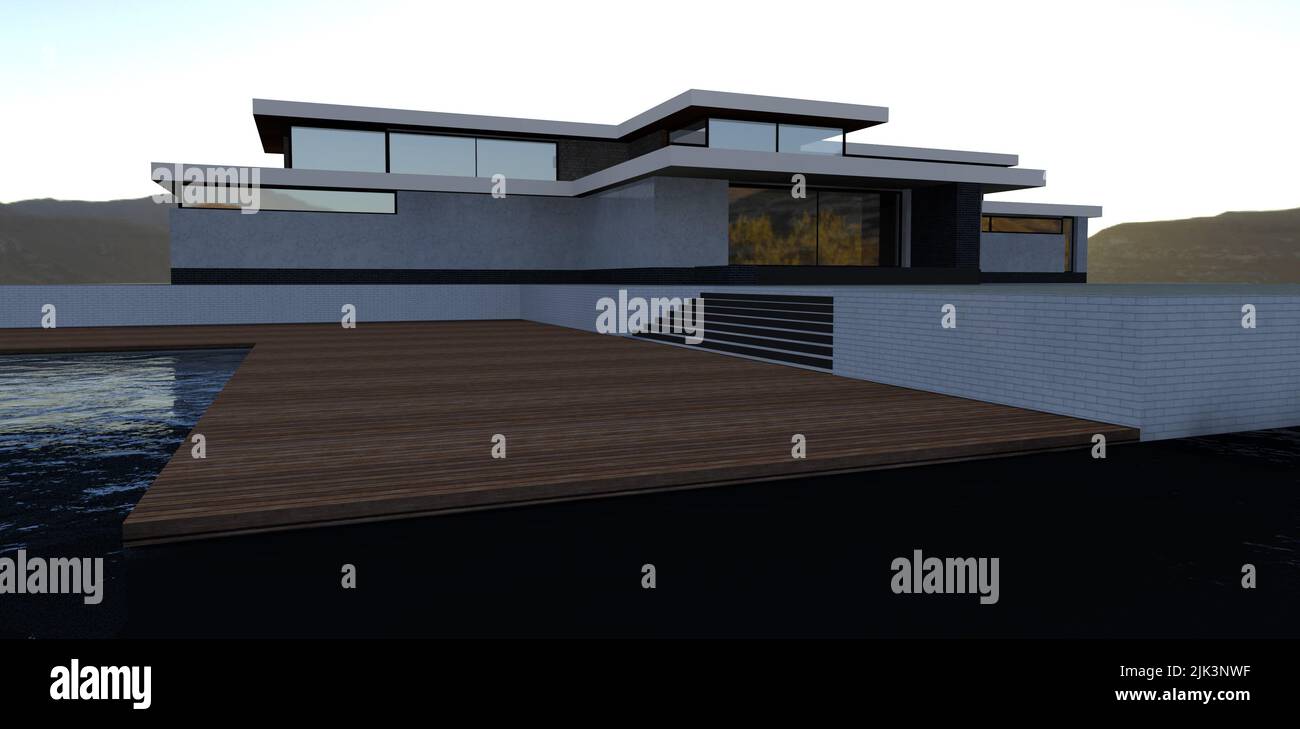 The concept of a luxury high-tech home. Terrace board flooring. View from the pool. Mountains in ...