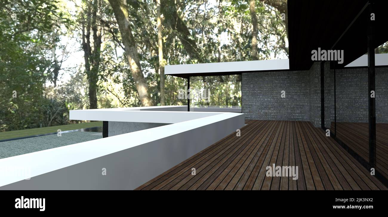 Wooden terrace of a luxury advanced house in a tropical forest. Wall ...