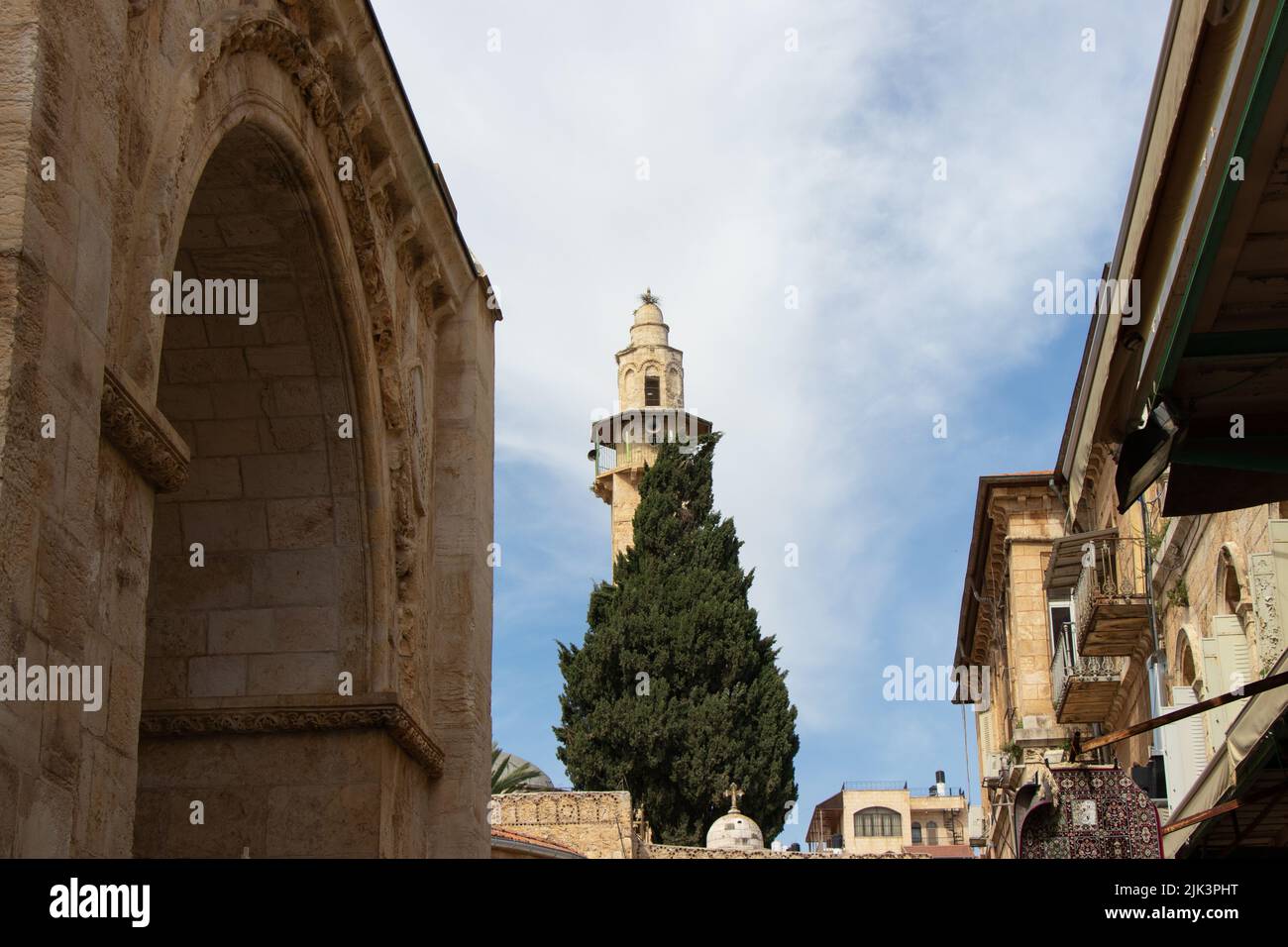 Minaret of Omar ibn al-Khattab Mosque in Jerusalem near Holy Sepulchre ...
