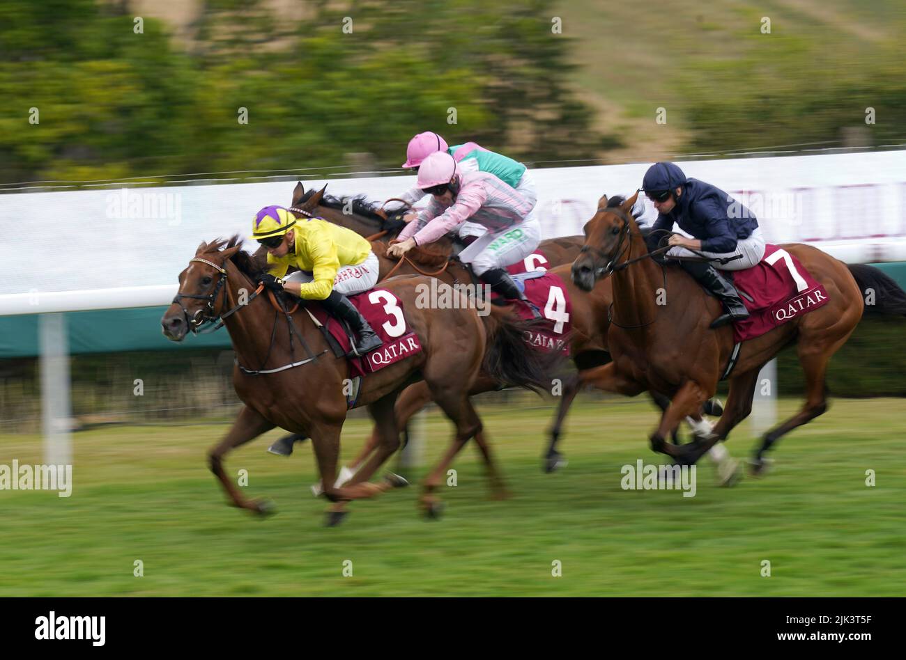 Sea La Rosa and Tom Marquand (left) coming home to win the Qatar Lillie ...