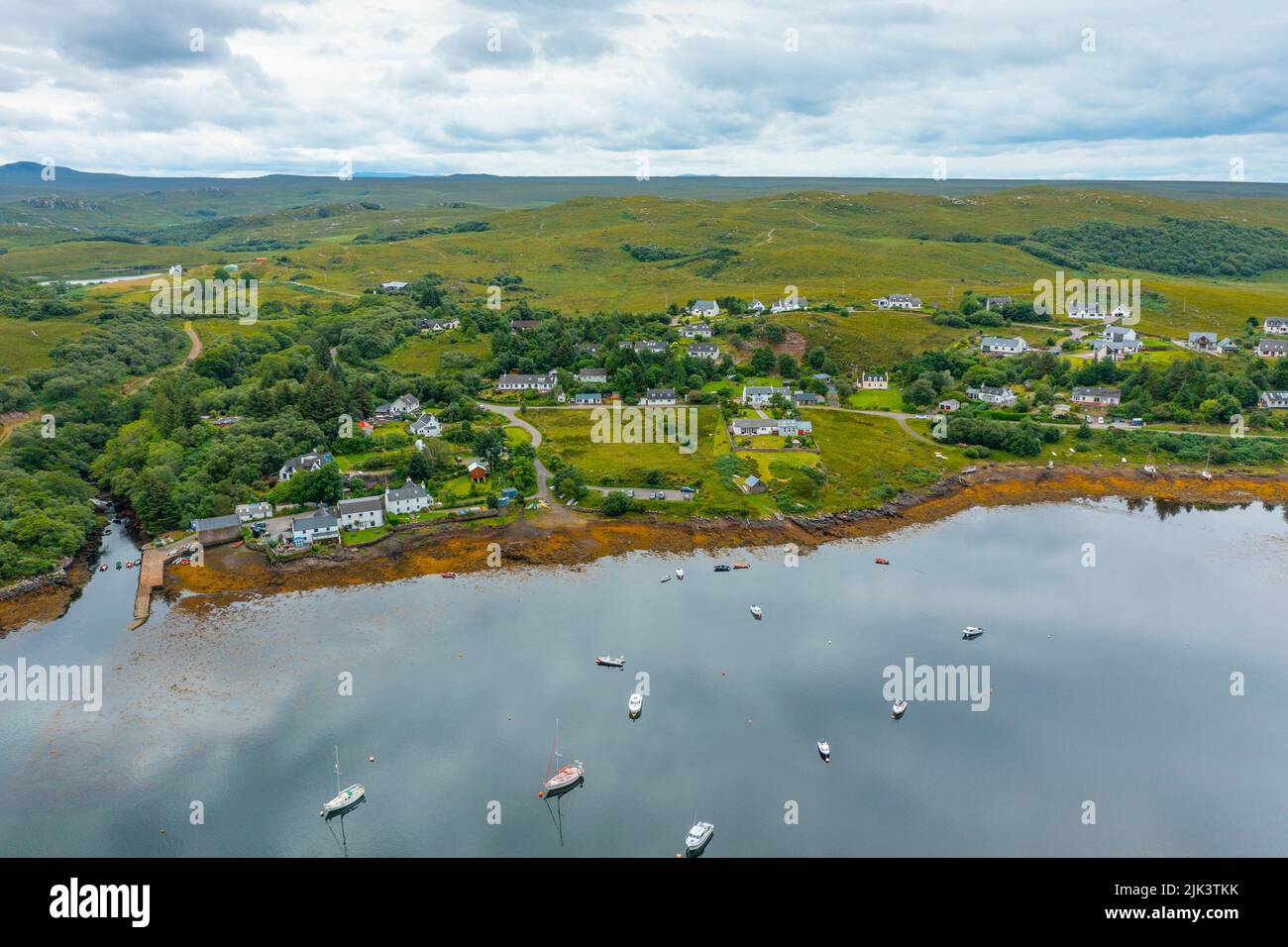 Aerial view of village of Badachro in Ross and Cromarty, Scotland, UK ...