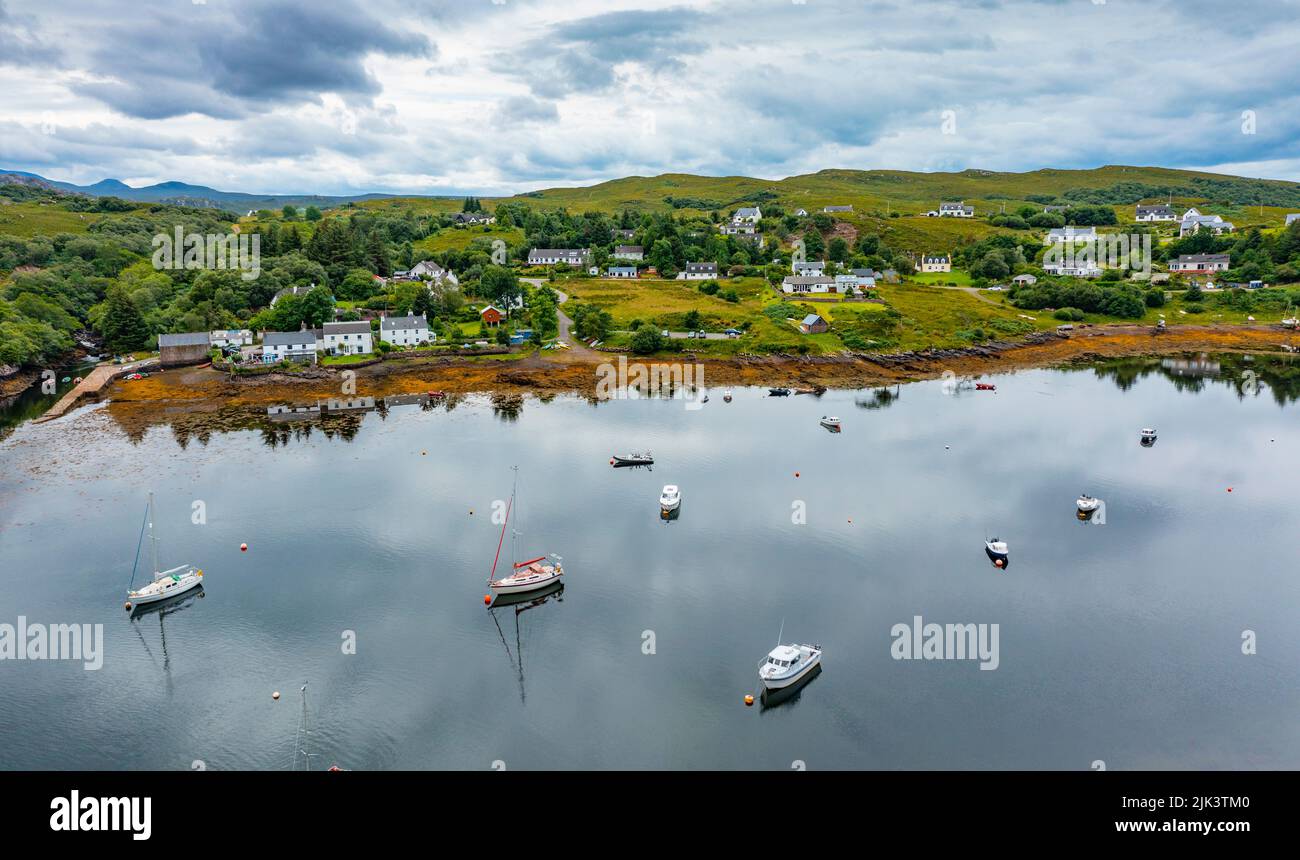 Aerial view of village of Badachro in Ross and Cromarty, Scotland, UK ...
