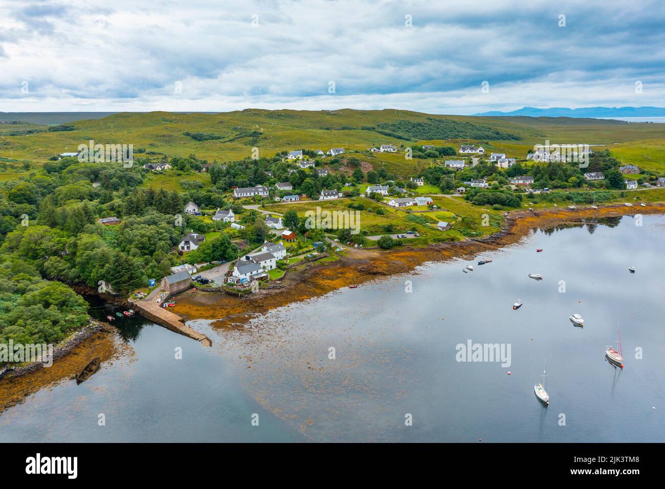 Aerial view of village of Badachro in Ross and Cromarty, Scotland, UK ...