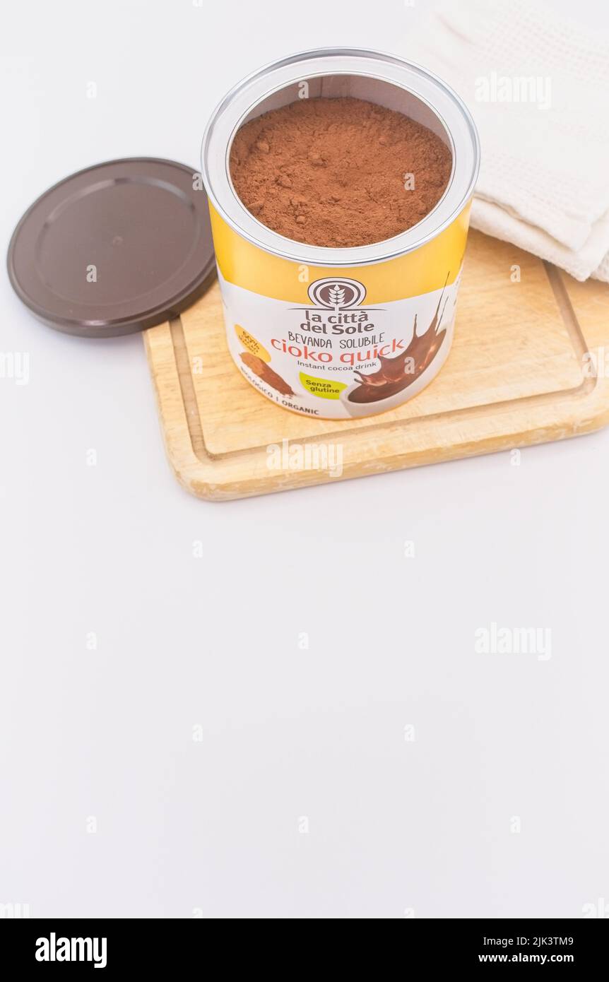 instant cocoa drink in a corton package from organic farming with ...