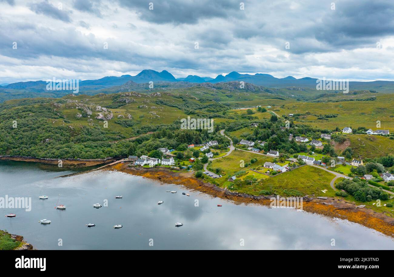 Aerial view of village of Badachro in Ross and Cromarty, Scotland, UK ...