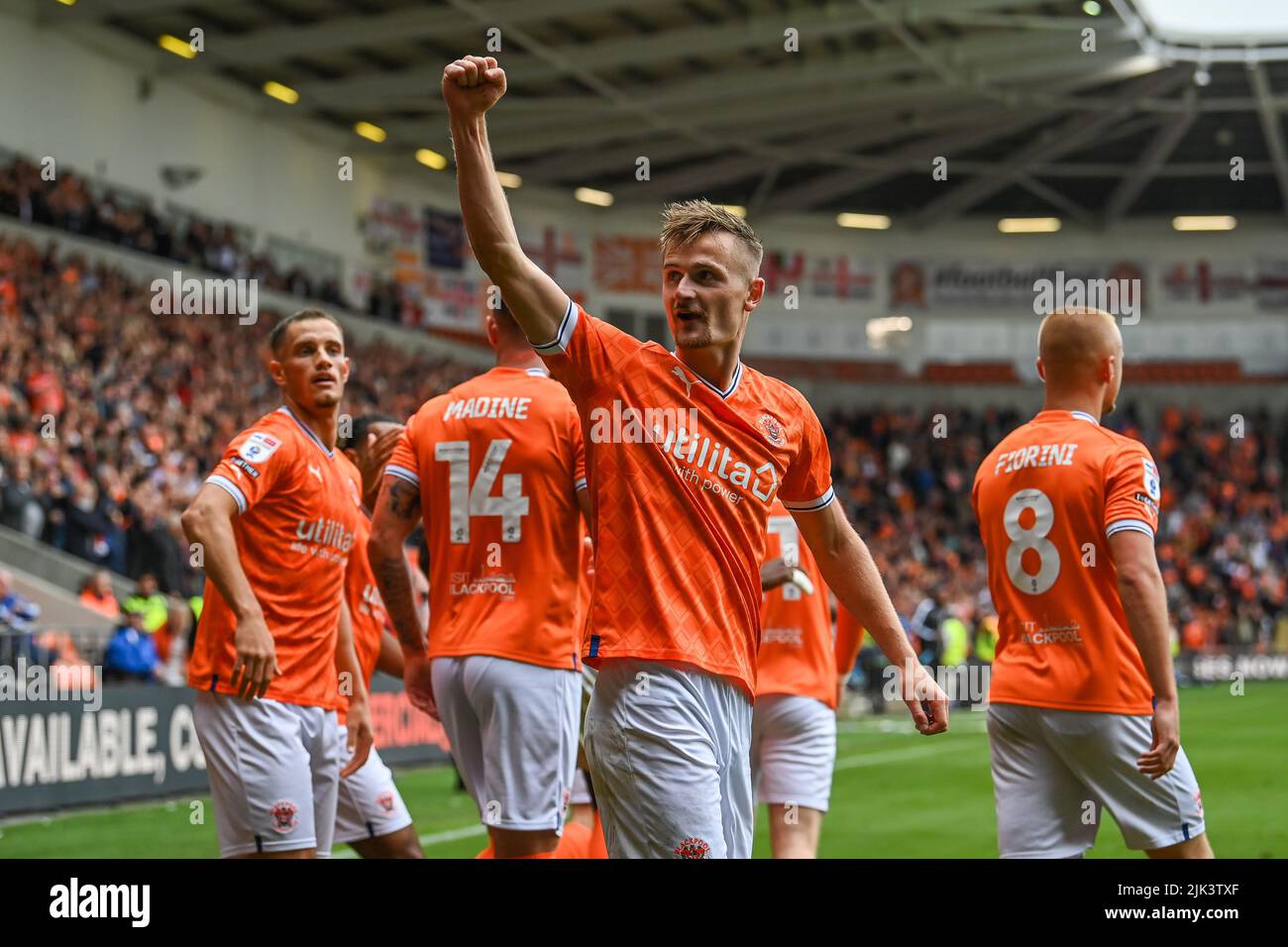 Callum Connolly #2 of Blackpool celebrates his goal to make it 1-0 ...