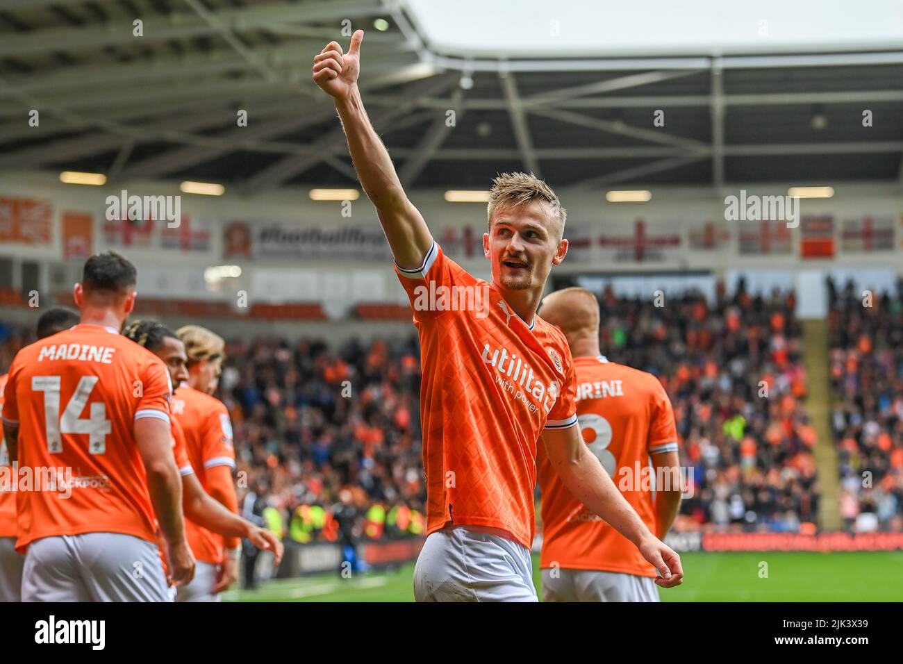 Callum Connolly #2 of Blackpool celebrates his goal to make it 1-0 ...