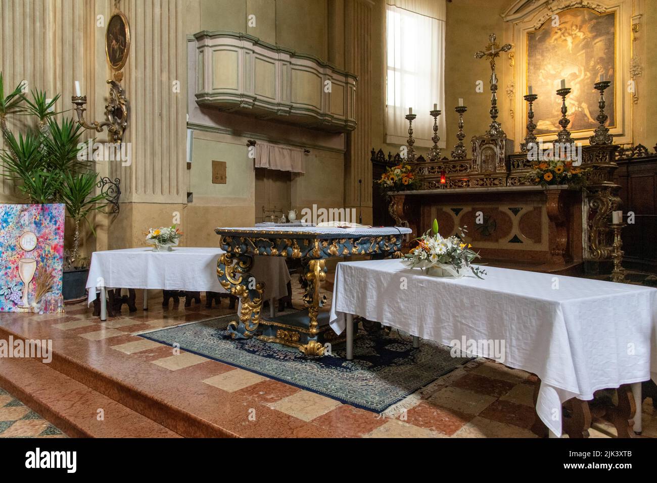 Italy, May 2022, Interior of the church of Quattro Castella, decorated ...