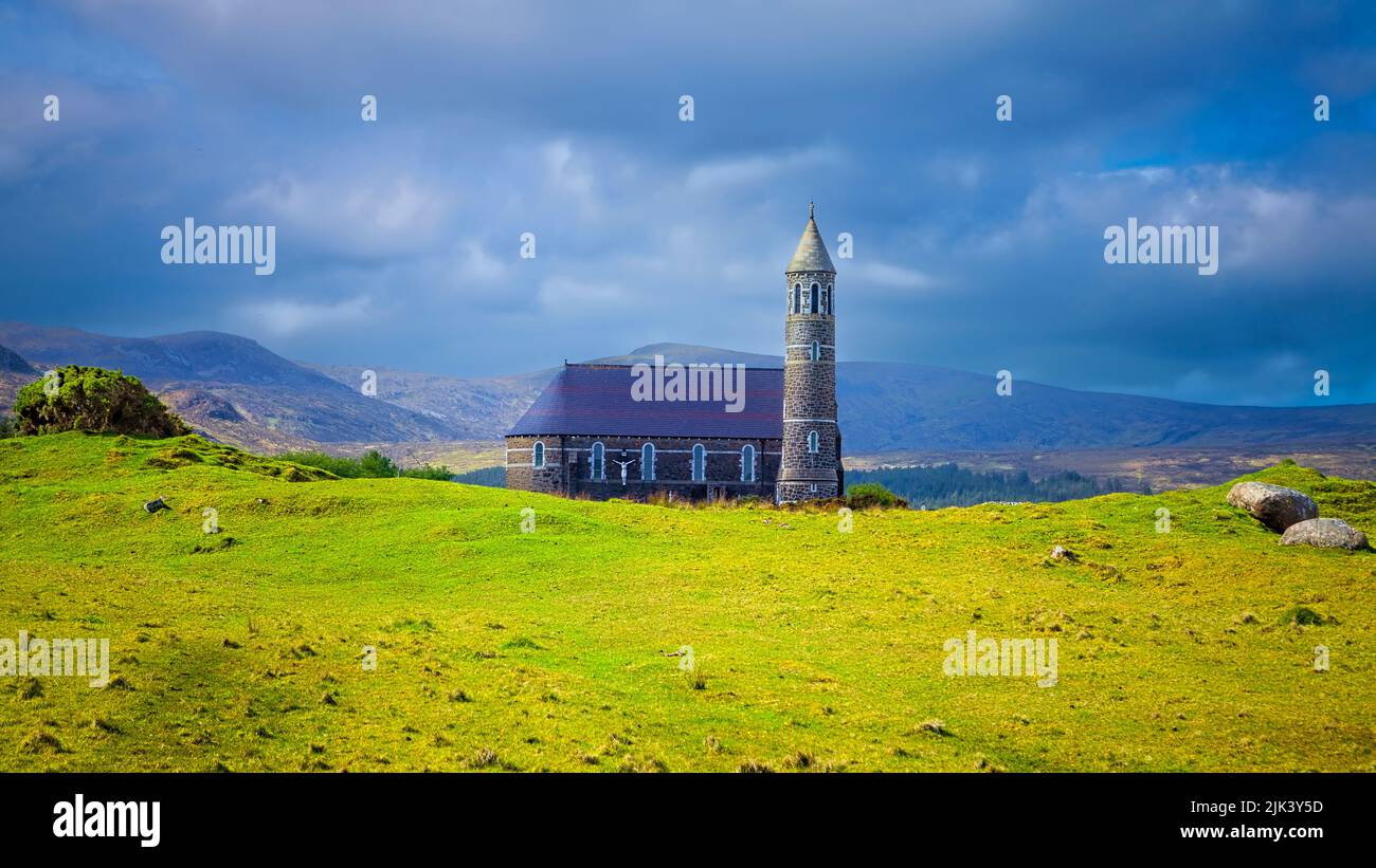 The modern chapel at Dunlewy County Donegal, Ireland set against a ...