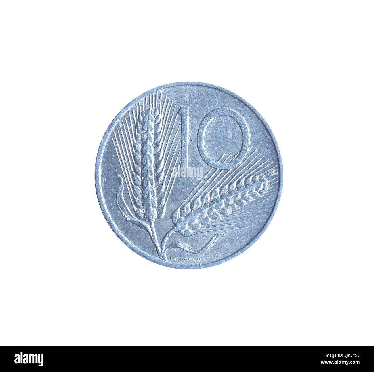 Ten Lira coin made by Italy, that shows Numeral Value within wheat ears ...