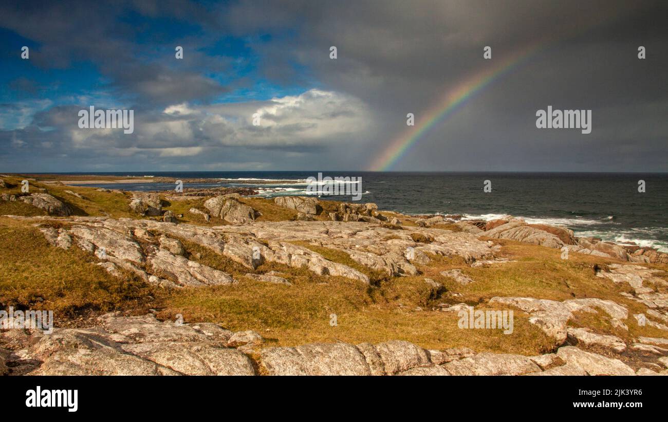 A rainbow at Fanad head on the north coast of County Donegal, Ireland ...