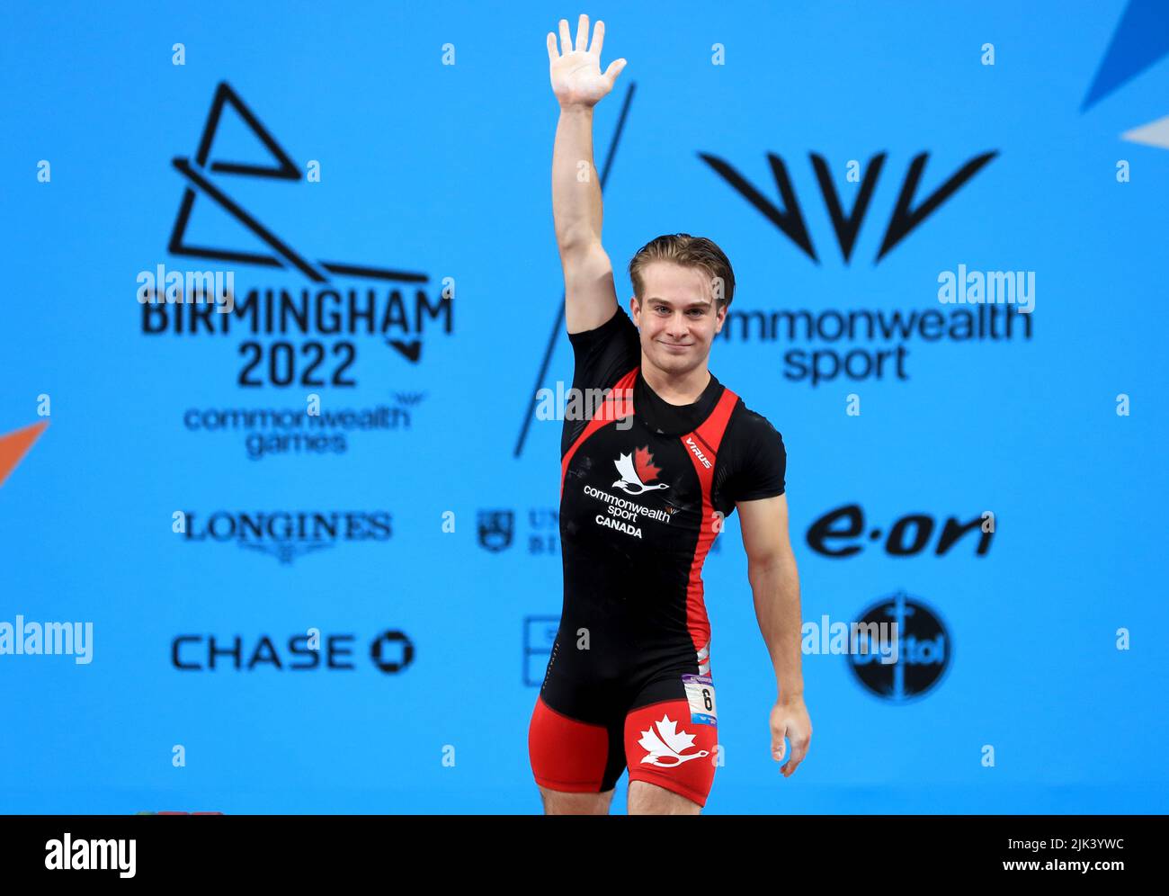 Canada’s Youri Simard reacts during the Men’s 61kg Weightlifting ...