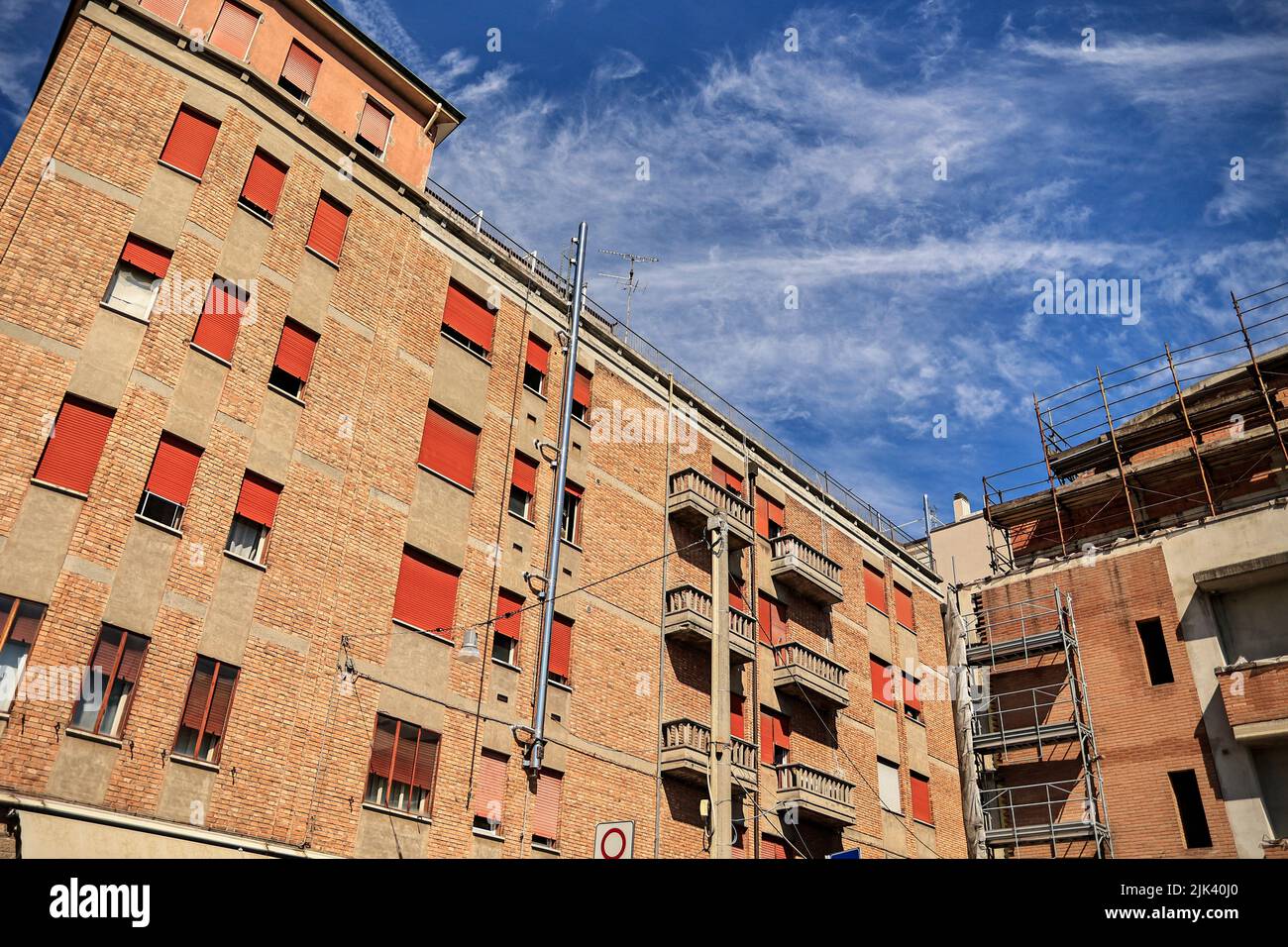 Rovigo, Italy 29 july 2022: Detail of Facade of an old brick tower ...