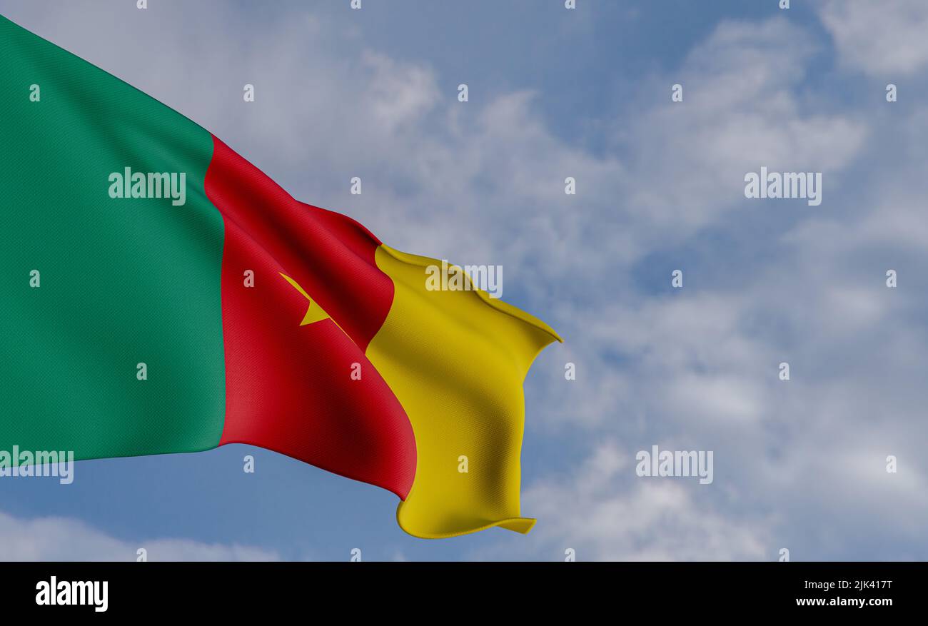 National flag Cameroon, Cameroon flag, fabric flag Cameroon, blue sky ...