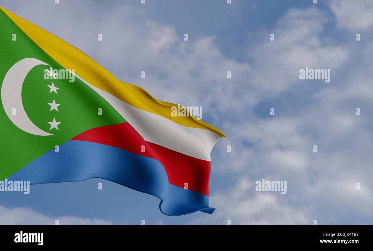 National flag Comoros, Comoros flag, fabric flag Comoros, blue sky ...