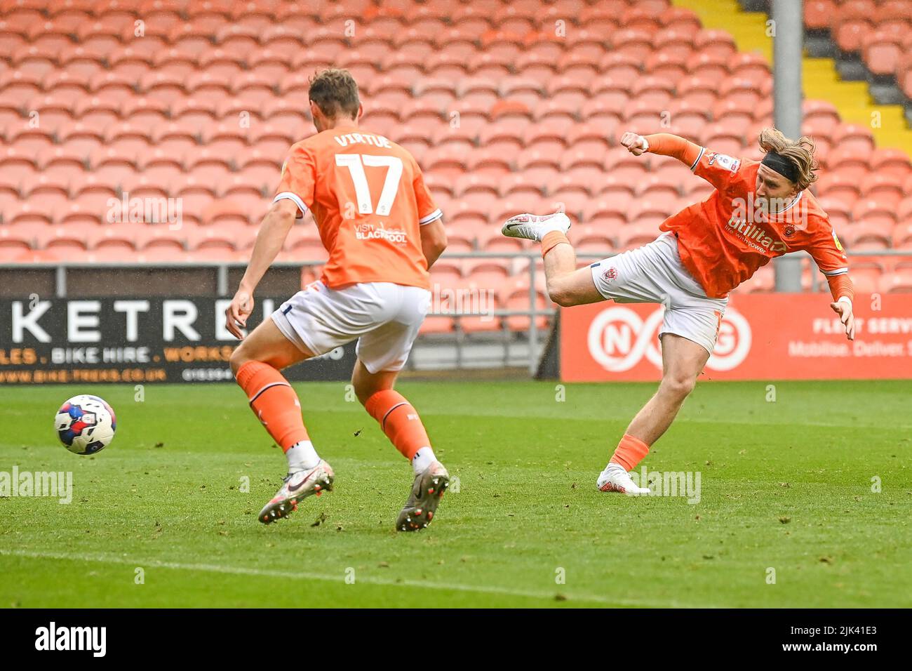 Josh Bowler #11 of Blackpool shoots on goal but its saved by Joe Lumley ...
