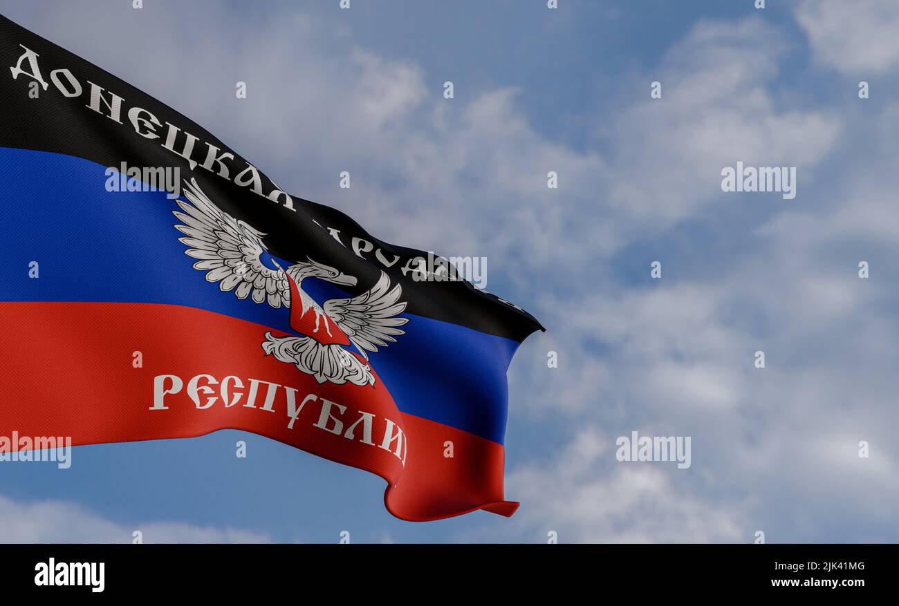 National flag Donetsk, Donetsk flag, fabric flag Donetsk, blue sky ...