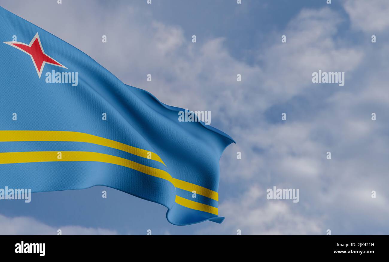 National flag Aruba, Aruba flag, fabric flag Aruba, blue sky background ...