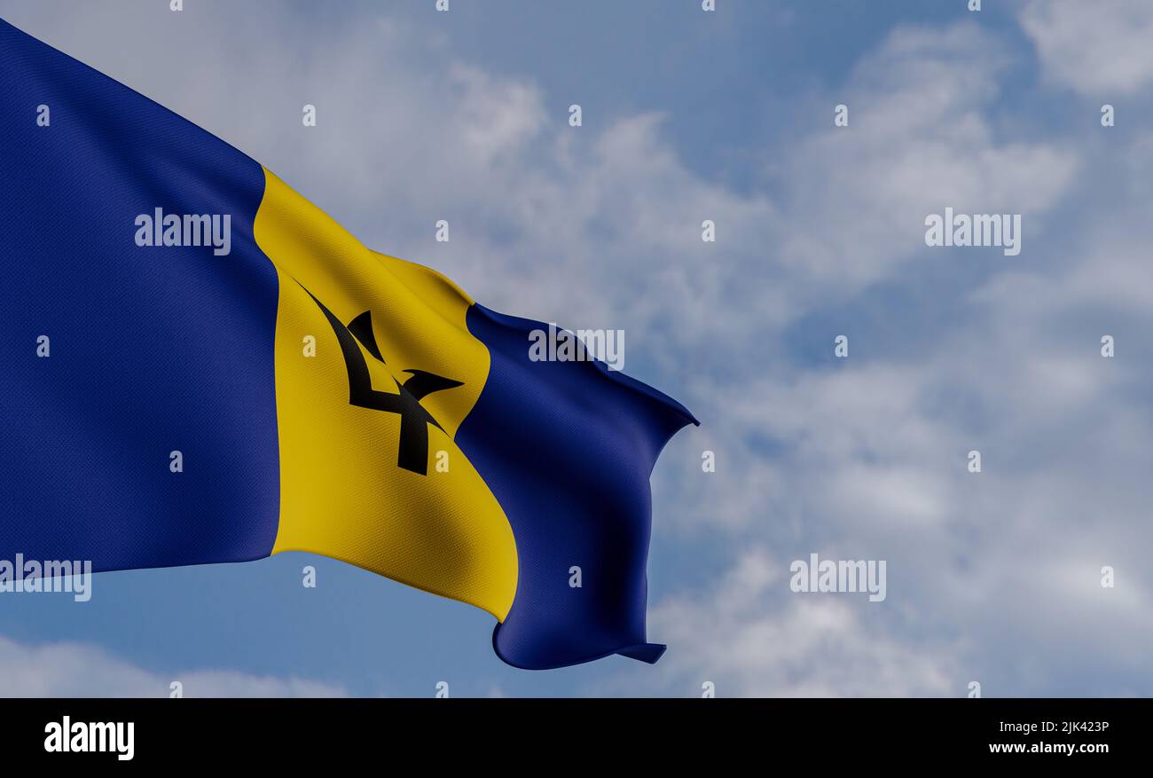 National flag Barbados, Barbados flag, fabric flag Barbados, blue sky ...