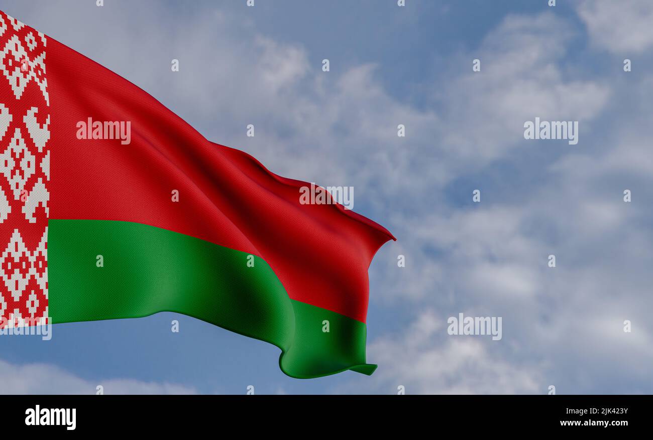 National flag Belarus, Belarus flag, fabric flag Belarus, blue sky ...