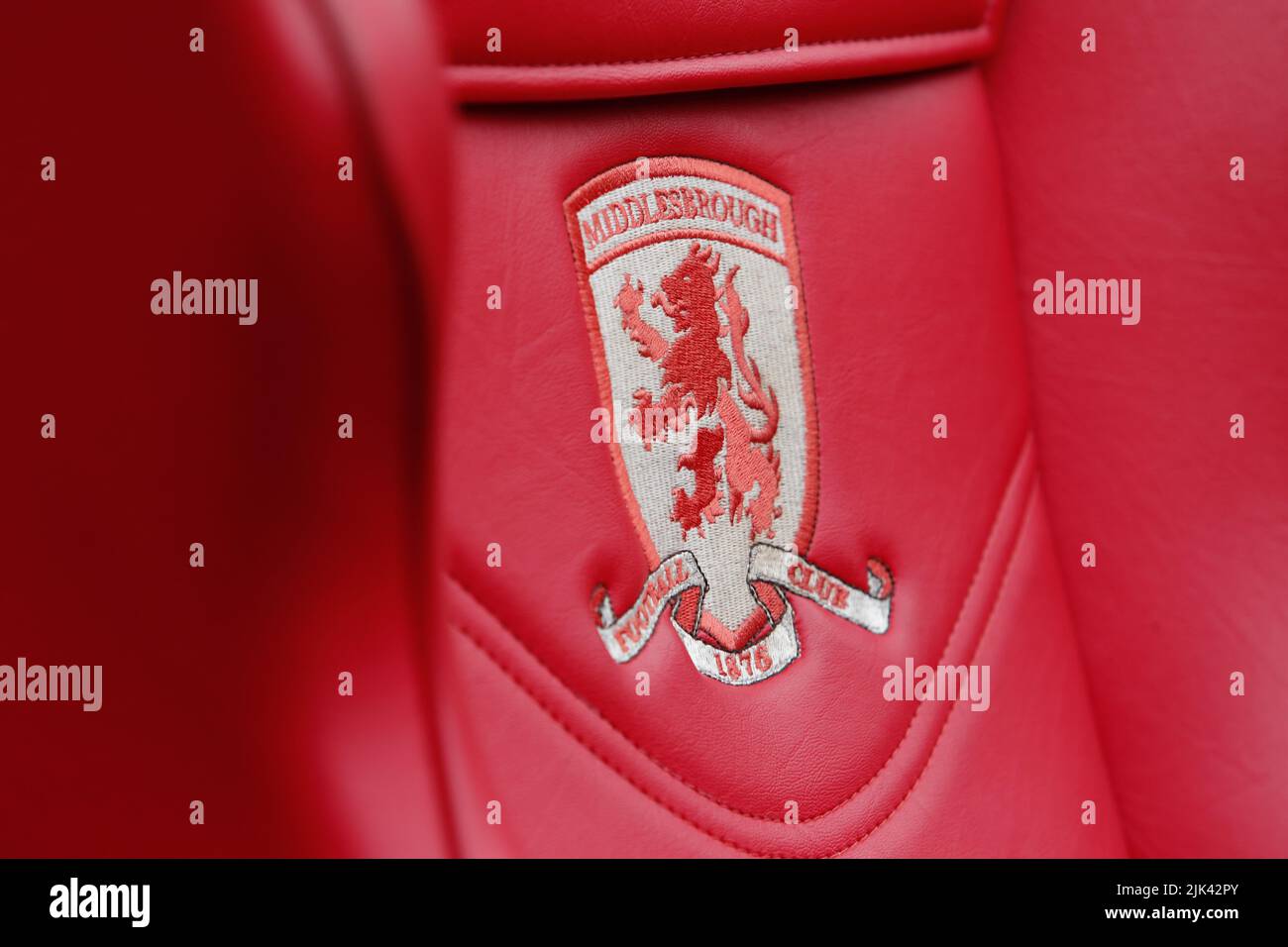 The Middlesbrough badge seen on a seat before the Sky Bet Championship ...