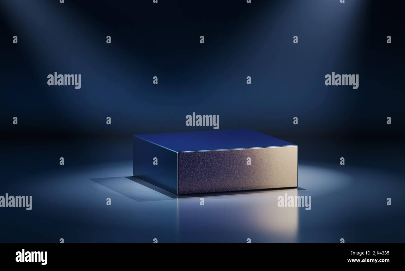 Metallic square podium lit by spotlights. 3d computer graphic template ...