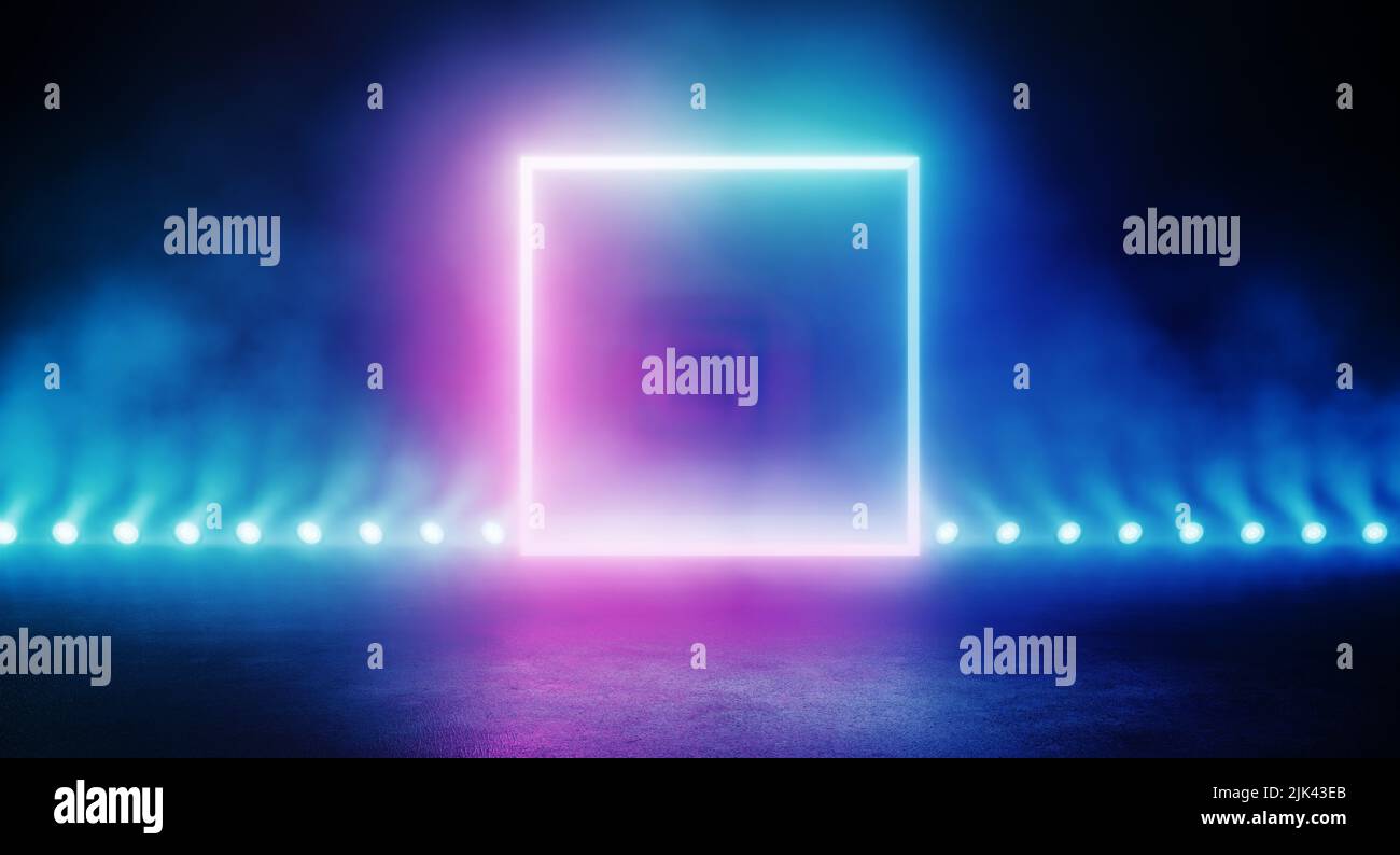 Neon showroom with shining square form portal and light beams up to ...