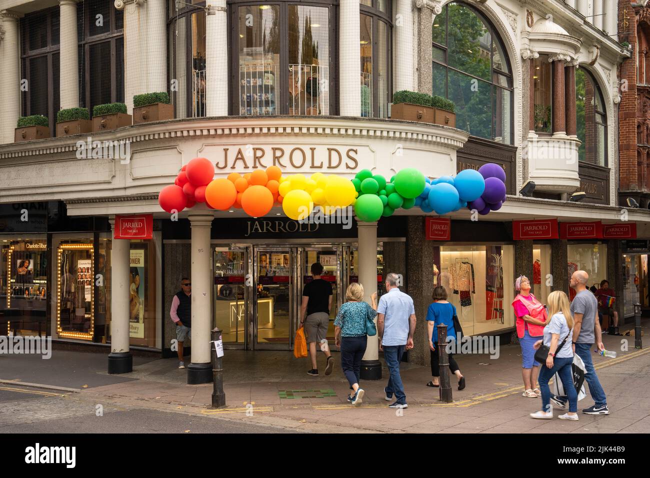 Rainbow coloured balloons at the front of Jarrolds of Norwich for the ...