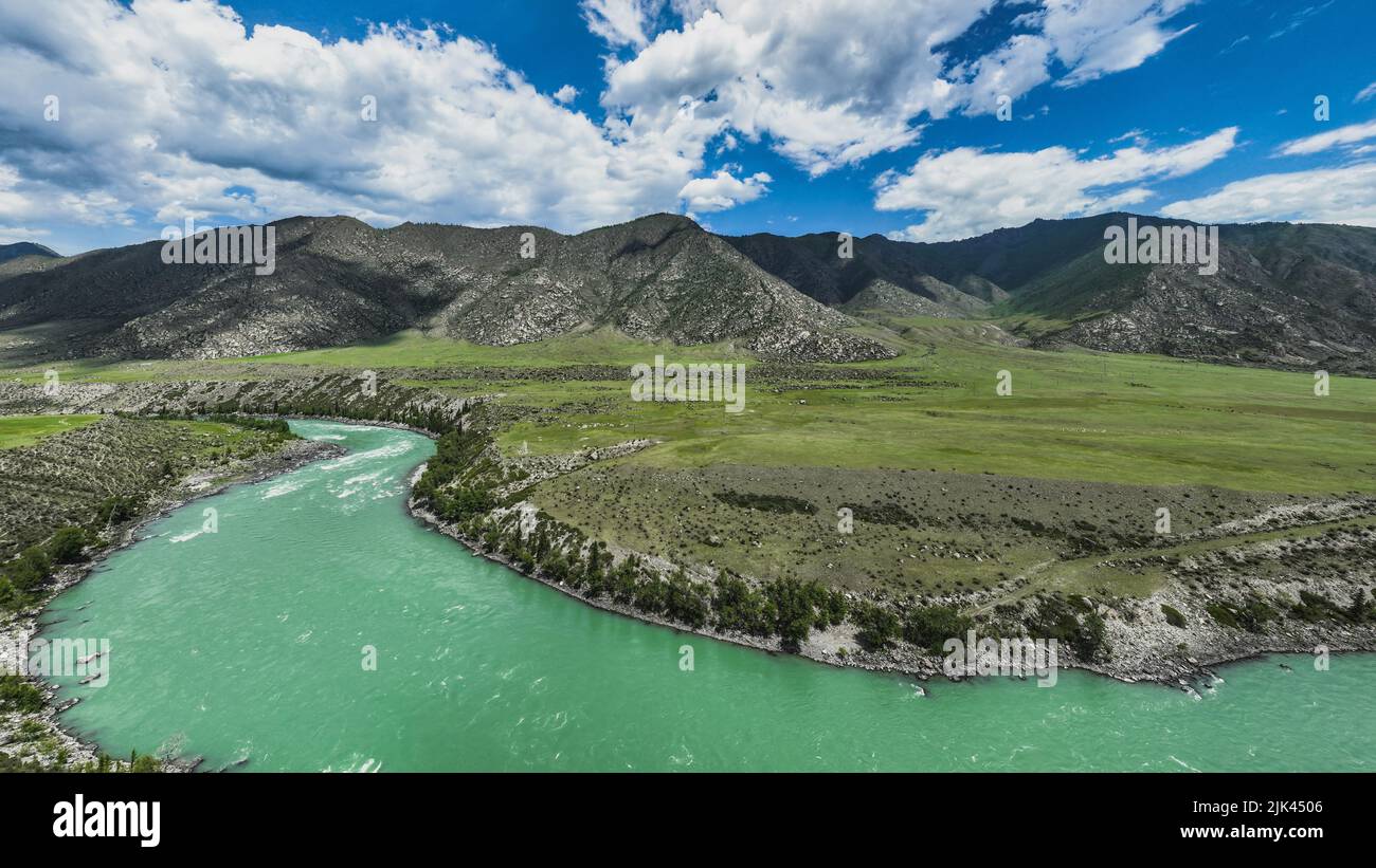 Landscape of mountains and rivers in summer. Aerial view Stock Photo ...