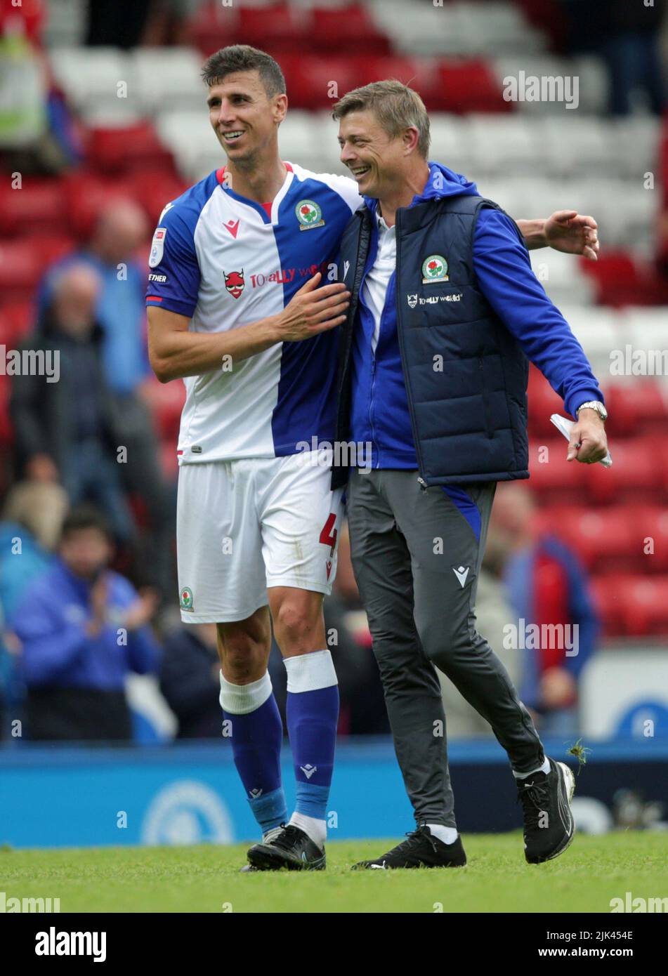Blackburn Rovers' manager Jon Dahl Thoasson and Daniel Ayala ...