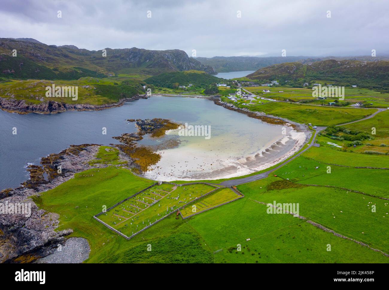 Aerial view of Scourie Bay at Scourie on North Coast 500 driving route ...