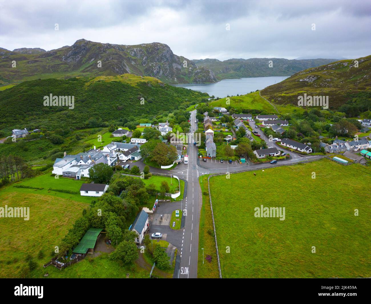 Aerial view of Scourie on North Coast 500 driving route, Sutherland ...