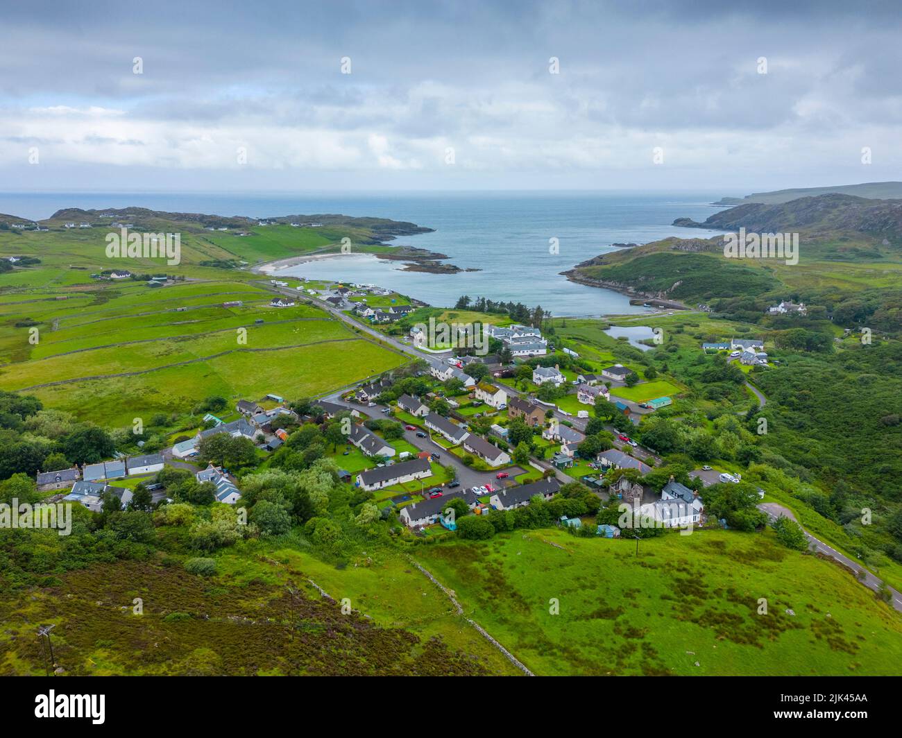 Aerial view of Scourie on North Coast 500 driving route, Sutherland ...