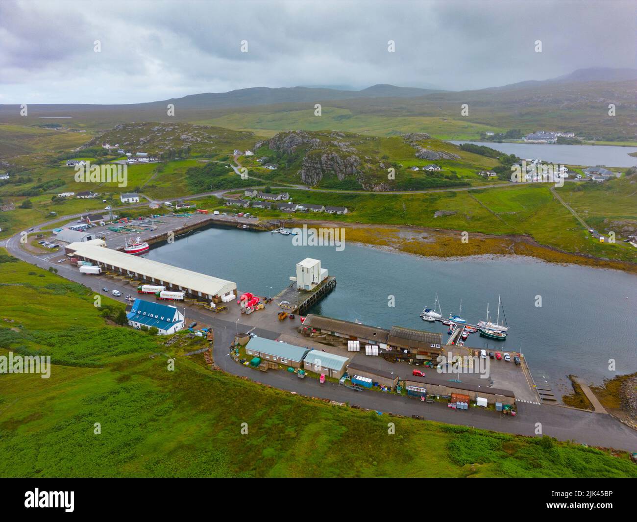 Aerial view of fishing harbour at Kinlochbervie in Sutherland, Scotland ...