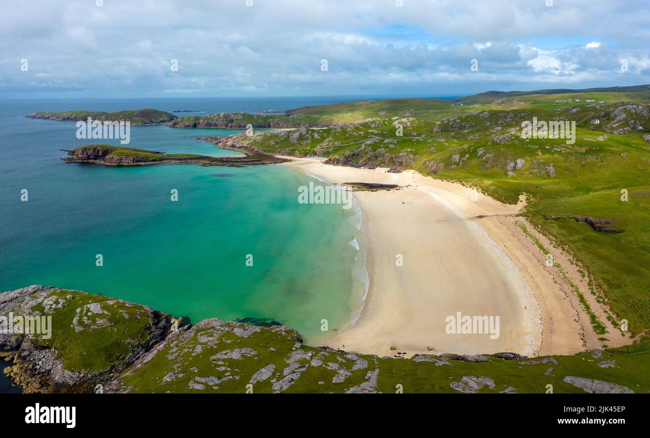 Aerial view of beach Am Meallan and coast at Oldshoremore, Sutherland ...