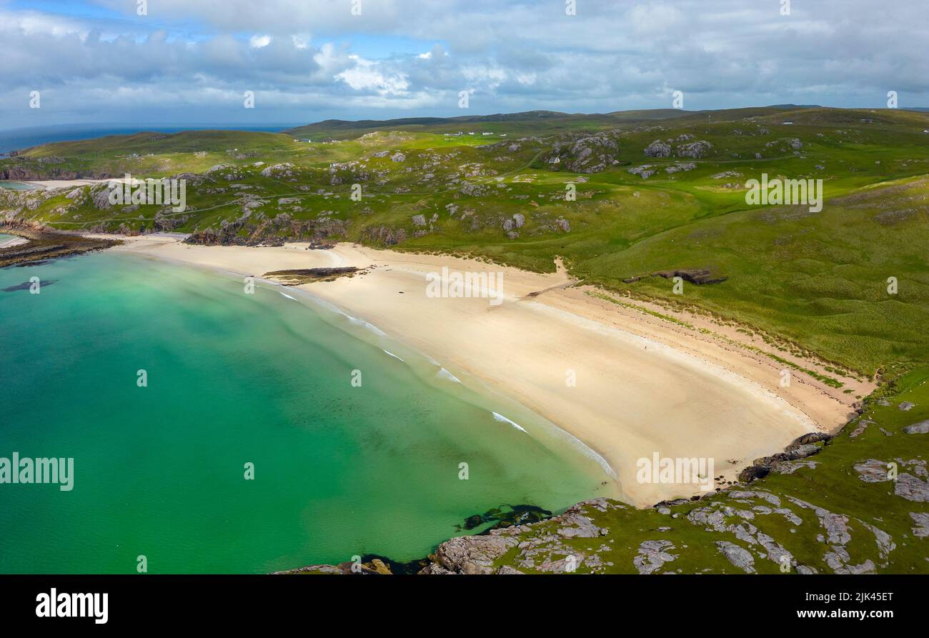 Aerial view of beach Am Meallan and coast at Oldshoremore, Sutherland ...