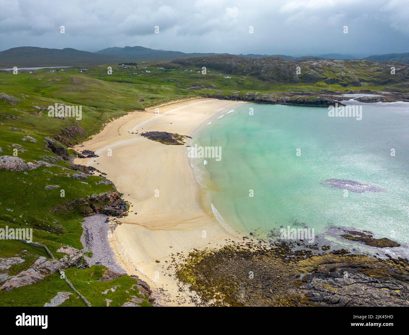 Aerial view of beach Am Meallan and coast at Oldshoremore, Sutherland ...
