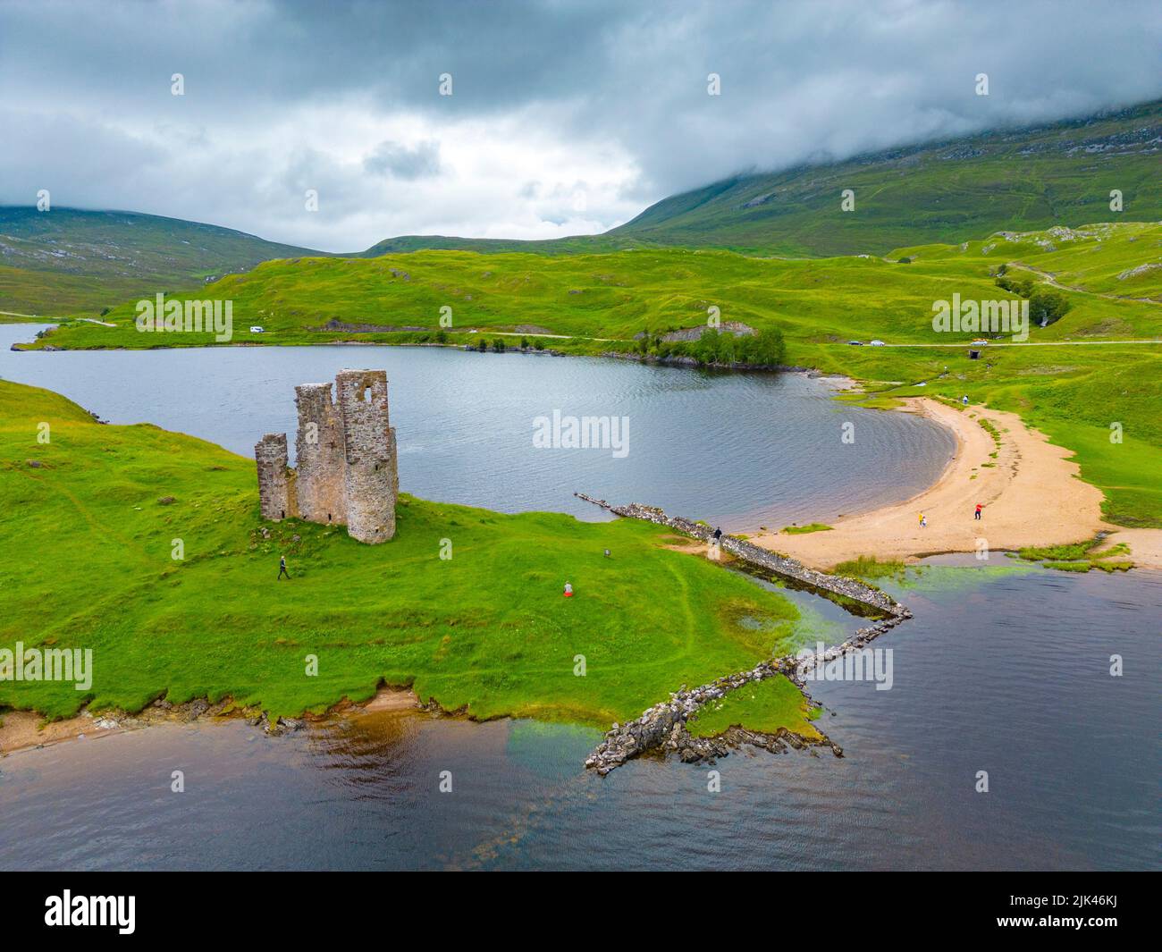 Aerial view from drone of Ardvreck Castle on North Coast 500 route at ...