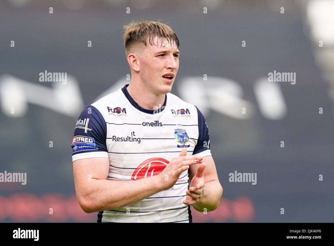 Matty Nicholson #35 of Warrington Wolves salutes the fans after the ...