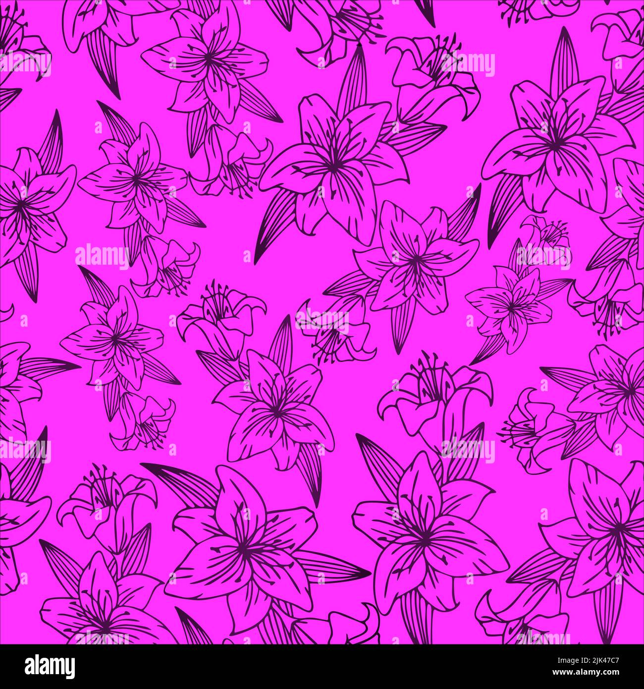 seamless floral pattern of black contour flowers on a magenta ...