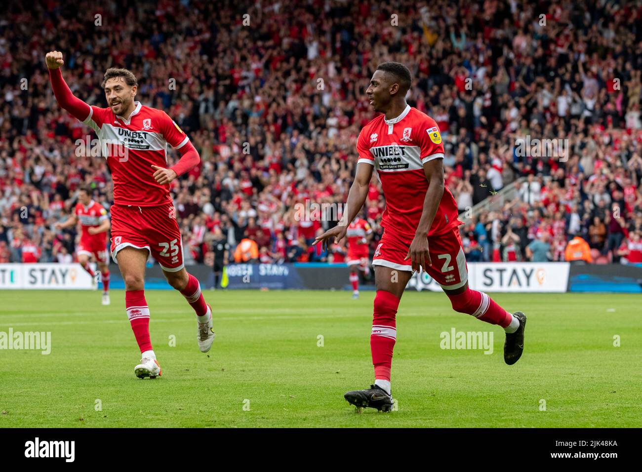 Isaiah Jones #2 of Middlesbrough celebrates his goal with Matt Crooks ...