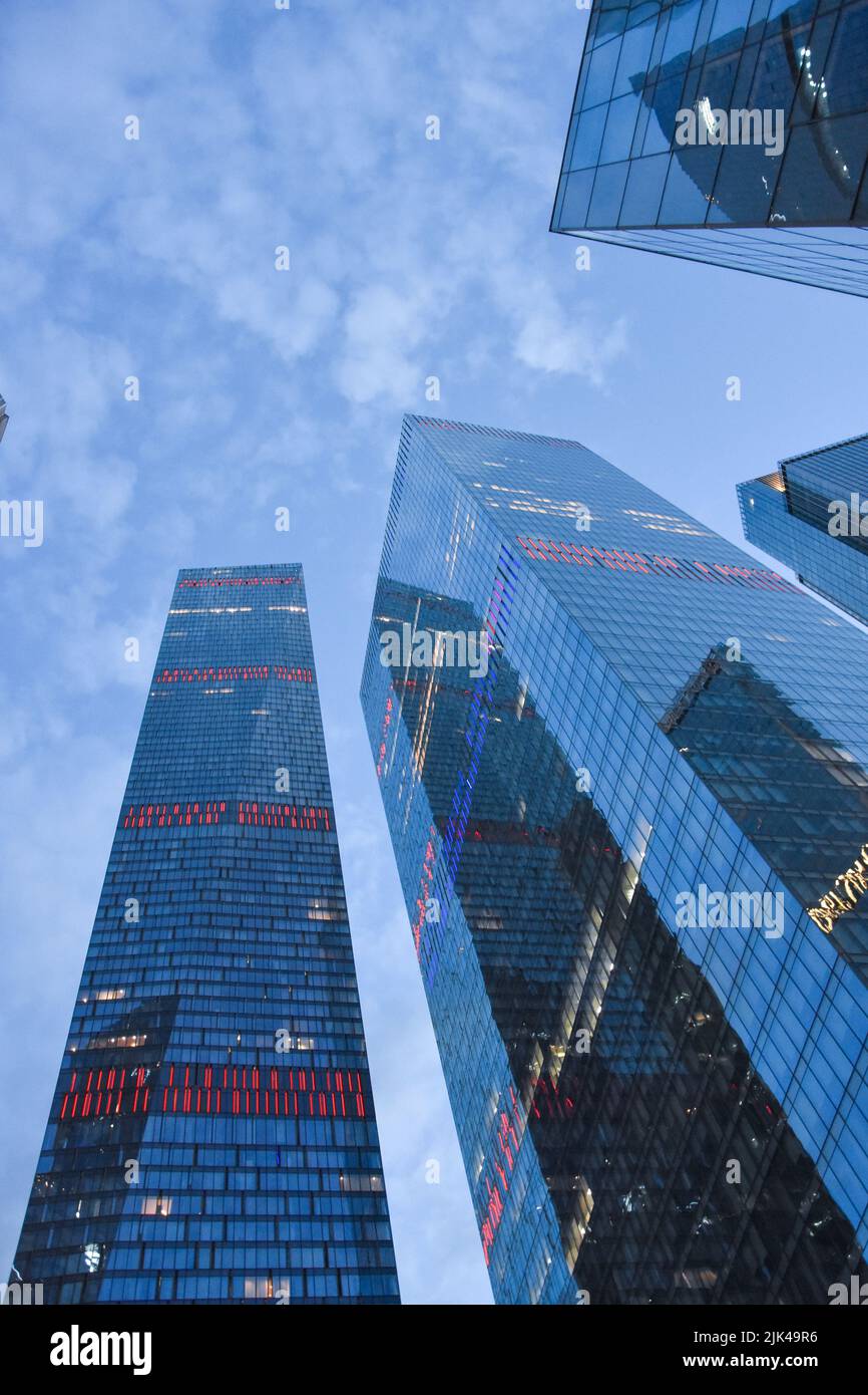 blue sky framed by the tops of skyscrapers, Moscow Manhattan, Moscow ...