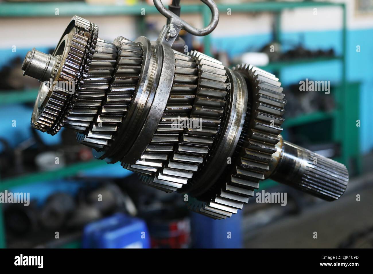 Industrial vertical gearbox. Large gears of a truck. Engine and gear ...