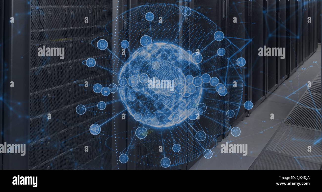 Image of data processing and globe over server room Stock Photo - Alamy