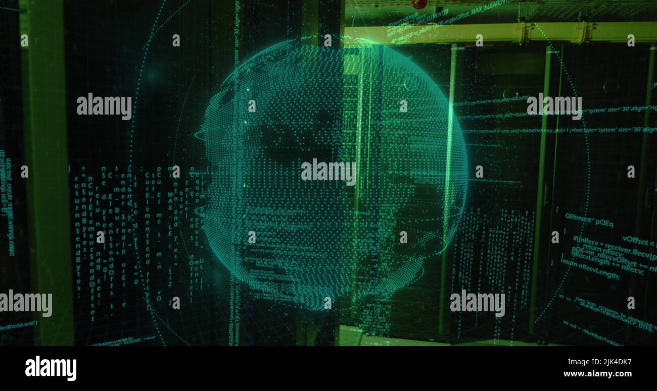 Image of data processing and globe over server room Stock Photo - Alamy