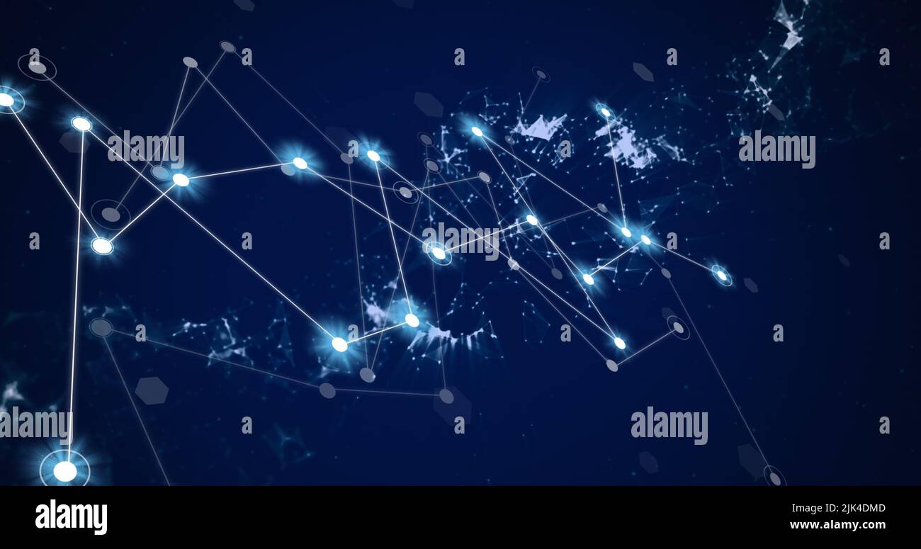 Image of network of connections with glowing spots on black background ...